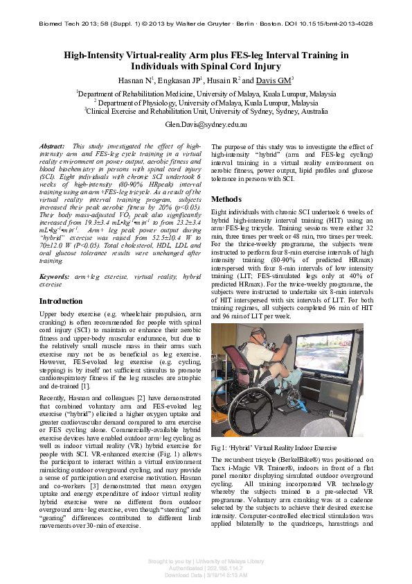 (PDF) High-Intensity Virtual-reality Arm plus FES-leg Interval Training in Individuals with ...