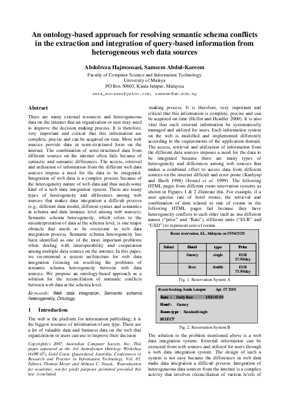 Pdf An Ontology Based Approach For Resolving Semantic Schema Conflicts In The Extraction And