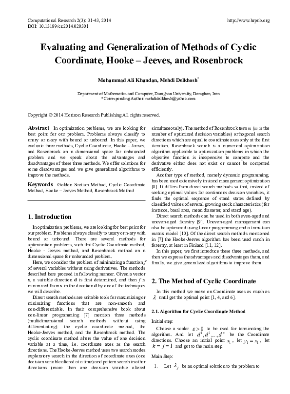 (PDF) Evaluating and Generalization of Methods of Cyclic Coordinate, Hooke-Jeeves, and Rosenbrock