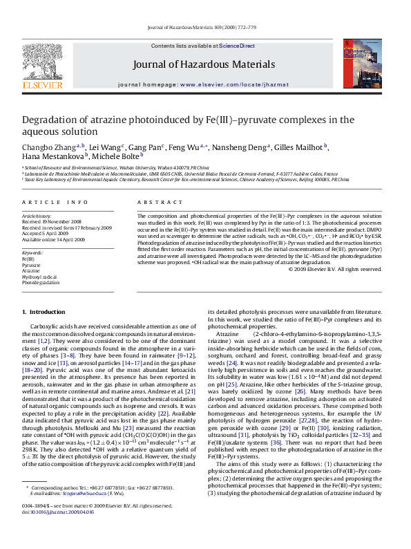 (PDF) Degradation of atrazine photoinduced by Fe(III)–pyruvate complexes in the aqueous solution