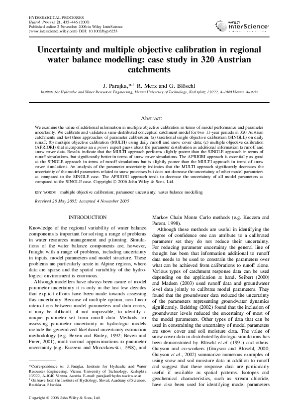 (PDF) Parajka, J., R. Merz and G. Blöschl (2007) Uncertainty and multiple objective calibration ...