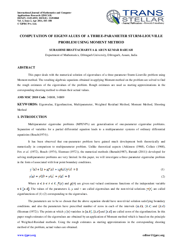 (PDF) COMPUTATION OF EIGENVALUES OF A THREE-PARAMETER STURM-LIOUVILLE PROBLEM USING MOMENT METHOD