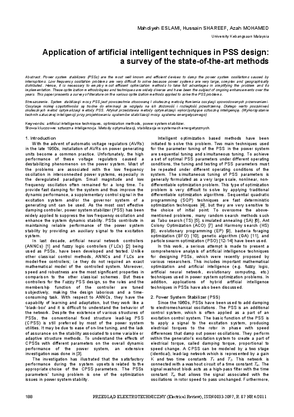 (PDF) Application of artificial intelligent techniques in PSS design: a ...