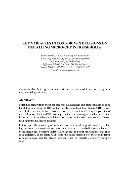 (PDF) KEY VARIABLES IN COST-DRIVEN DECISIONS ON INSTALLING MICRO-CHP IN HOUSEHOLDS