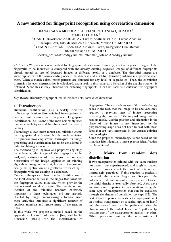 Pdf A New Method For Fingerprint Recognition Using Correlation Dimension