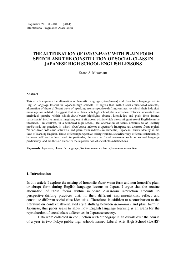 (PDF) The Alternation of Desu/-Masu with Plain Form Speech and the ...