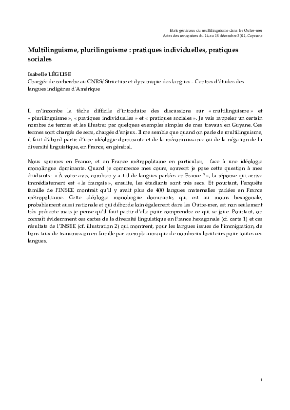 (PDF) Multilinguisme, plurilinguisme dans les Outre-mer (2011)