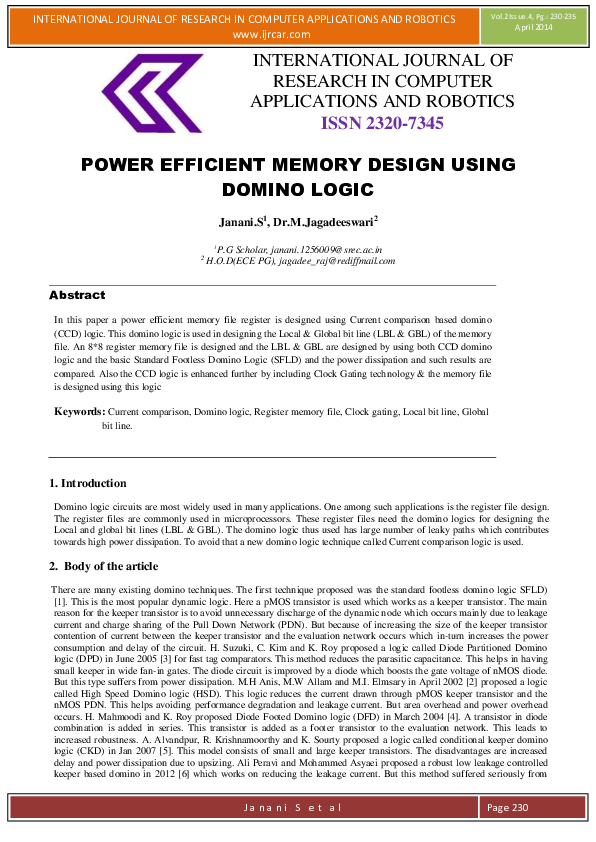 (PDF) POWER EFFICIENT MEMORY DESIGN USING DOMINO LOGIC