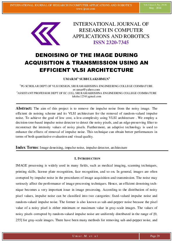 (PDF) DENOISING OF THE IMAGE DURING ACQUISITION & TRANSMISSION USING AN EFFICIENT VLSI ...