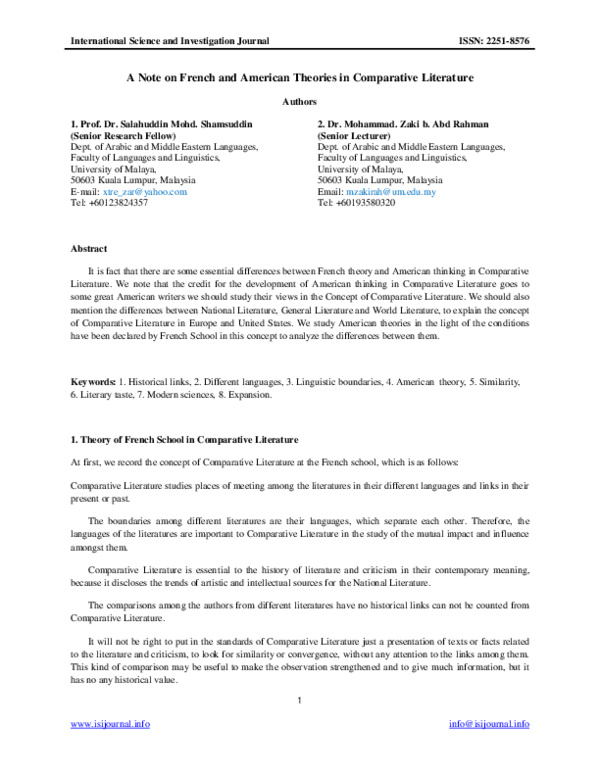 (PDF) A Note on French and American Theories in Comparative Literature