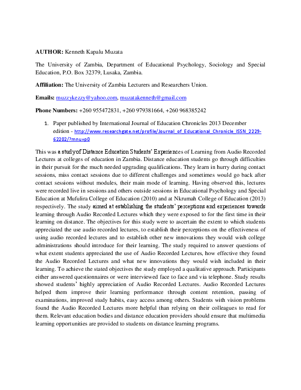 (PDF) DISTANCE EDUCATION STUDENTS’ EXPERIENCES OF LEARNING FROM AUDIO ...