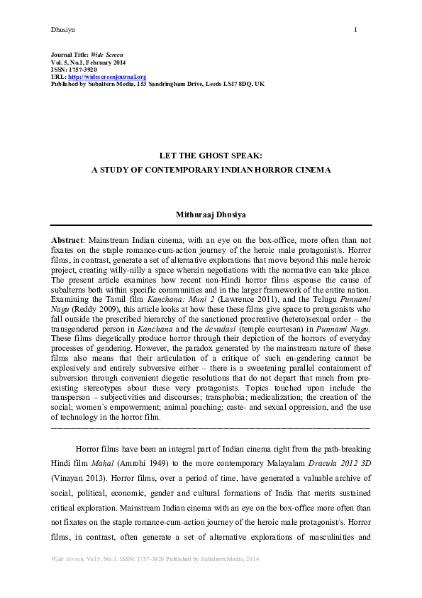 (PDF) LET THE GHOST SPEAK: A STUDY OF CONTEMPORARY INDIAN HORROR CINEMA