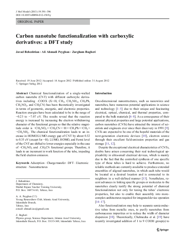 (PDF) Carbon nanotube functionalization with carboxylic derivatives: a DFT study