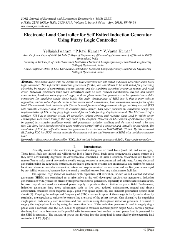 Pdf Electronic Load Controller For Self Exited Induction Generator Using Fuzzy Logic Controller