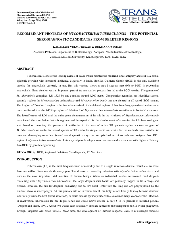 (PDF) RECOMBINANT PROTEINS OF MYCOBACTERIUM TUBERCULOSIS – THE POTENTIAL SERODIAGNOSTIC ...