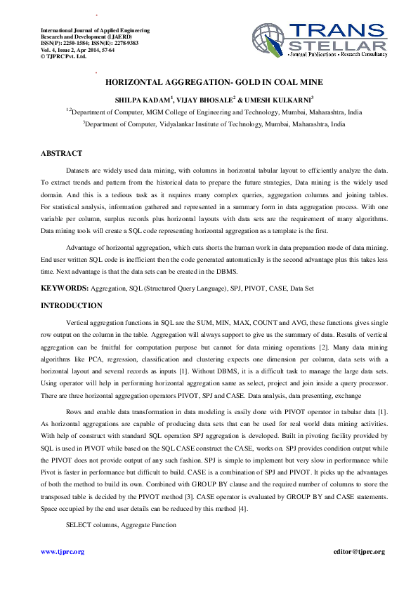 Pdf Horizontal Aggregation Gold In Coal Mine