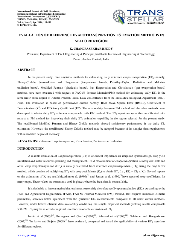 Pdf Evaluation Of Reference Evapotranspiration Estimation Methods In Nellore Region