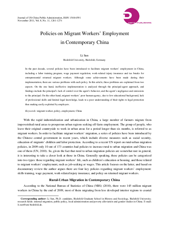 (PDF) Policies on Migrant Workers’ Employment in Contemporary China