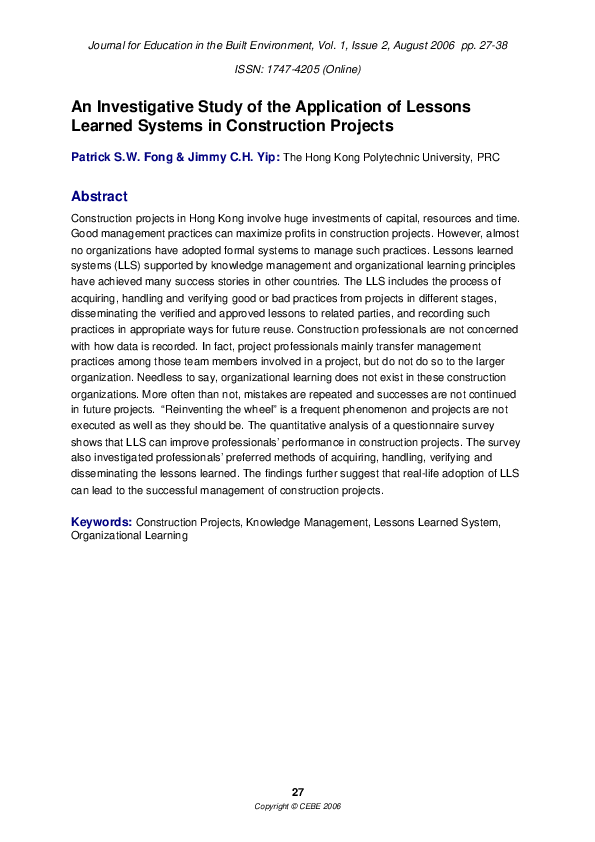 (PDF) An investigative study of the application of lessons learned ...