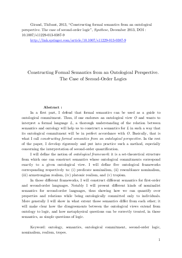 Pdf Constructing Formal Semantics From An Ontological Perspective The Case Of Second Order Logic