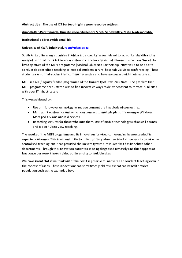 (DOC) Abstract title: The use of ICT for teaching in a poor resource ...