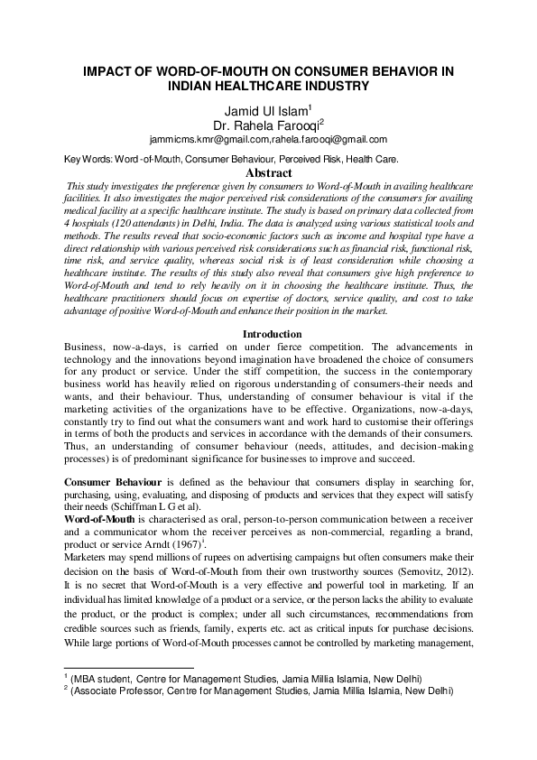 (PDF) IMPACT OF WORD-OF-MOUTH ON CONSUMER BEHAVIOR IN INDIAN HEALTHCARE ...