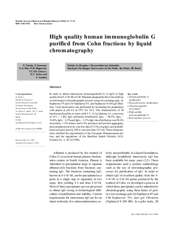 (PDF) High quality human immunoglobulin G purified from Cohn fractions ...