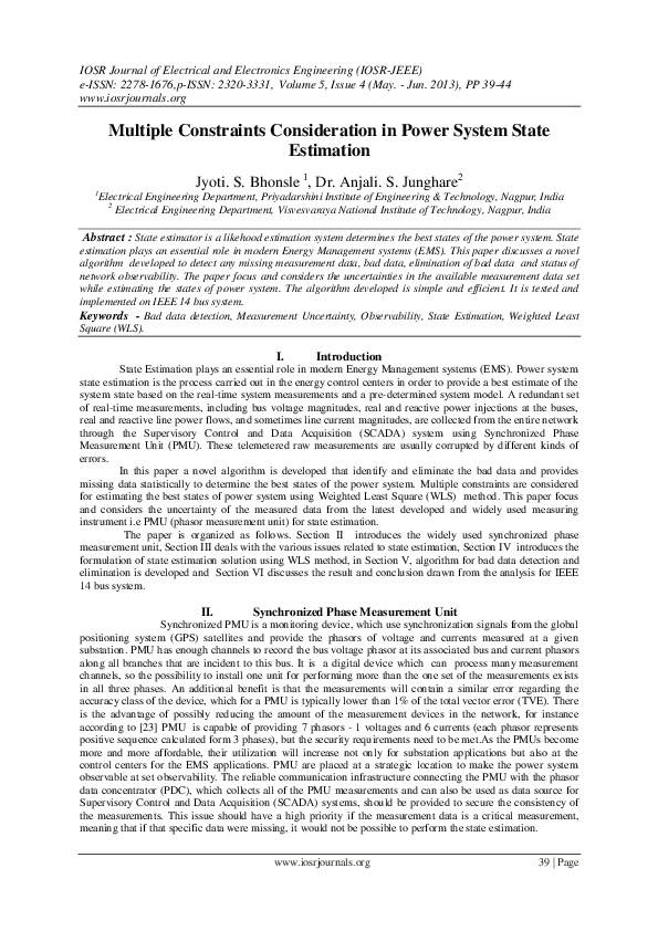 Pdf Multiple Constraints Consideration In Power System State