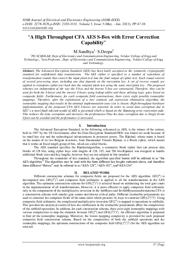 (PDF) A High Throughput CFA AES S-Box with Error Correction Capability