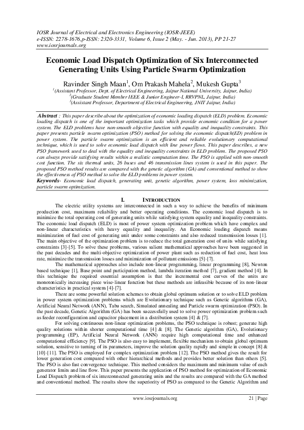 Pdf Economic Load Dispatch Optimization Of Six Interconnected Generating Units Using Particle
