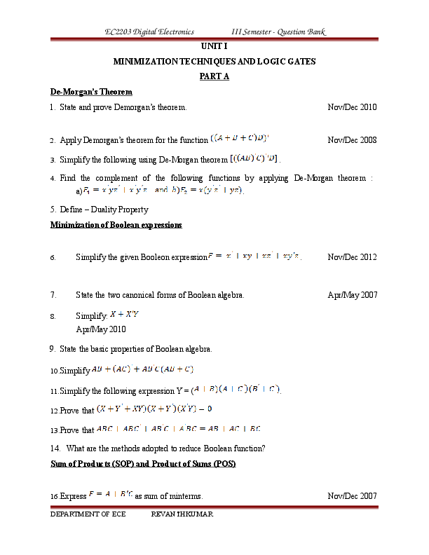 Doc Unit I Minimization Techniques And Logic Gates Part A