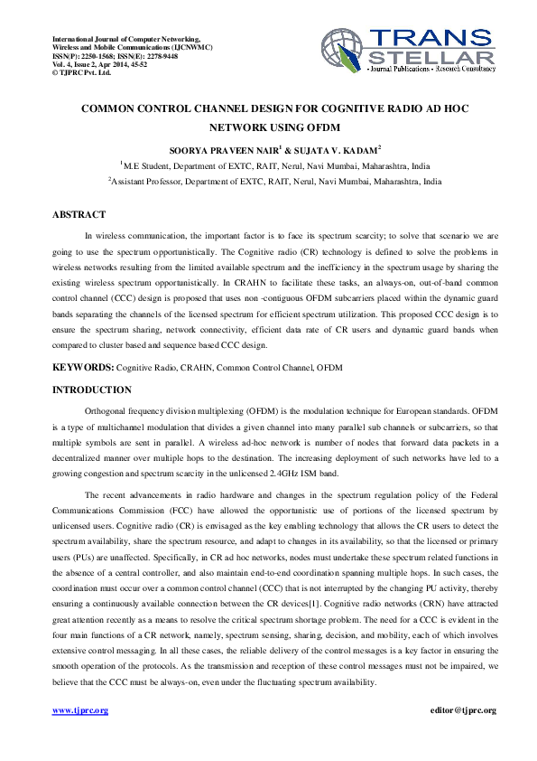 (PDF) COMMON CONTROL CHANNEL DESIGN FOR COGNITIVE RADIO AD HOC NETWORK ...