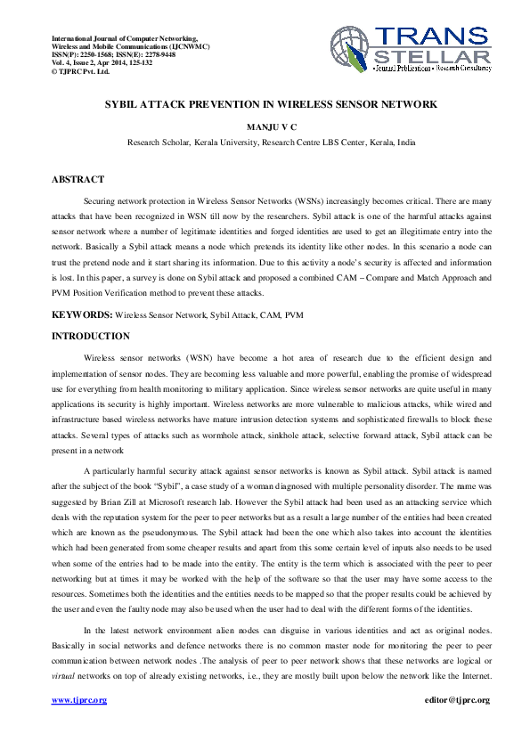 (PDF) SYBIL ATTACK PREVENTION IN WIRELESS SENSOR NETWORK