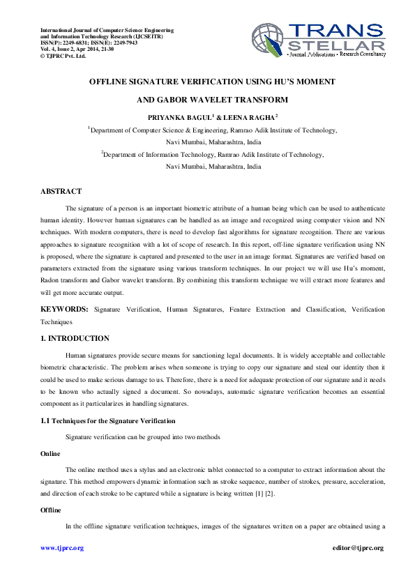 (PDF) OFFLINE SIGNATURE VERIFICATION USING HU’S MOMENT AND GABOR WAVELET TRANSFORM
