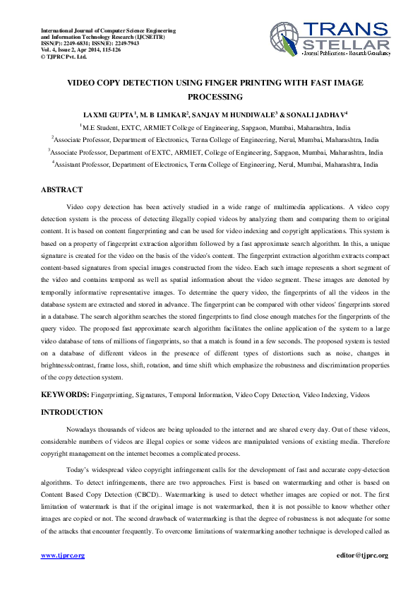 (PDF) VIDEO COPY DETECTION USING FINGER PRINTING WITH FAST IMAGE PROCESSING