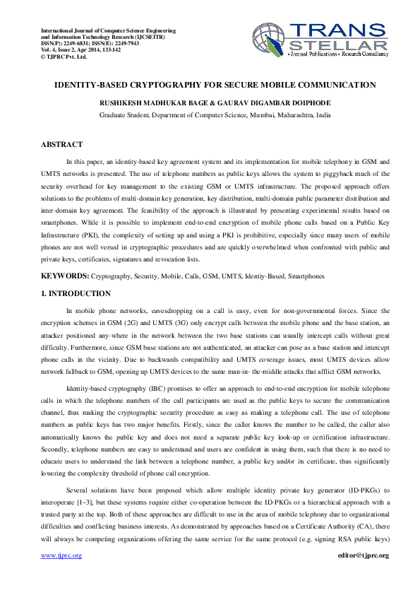 Pdf Identity Based Cryptography For Secure Mobile Communication