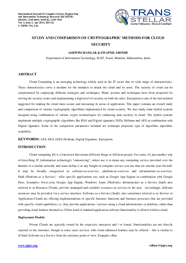(PDF) STUDY AND COMPARISON OF CRYPTOGRAPHIC METHODS FOR CLOUD SECURITY