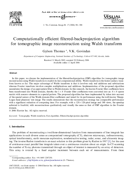Pdf Computationally Efficient Filtered Backprojection Algorithm For Tomographic Image