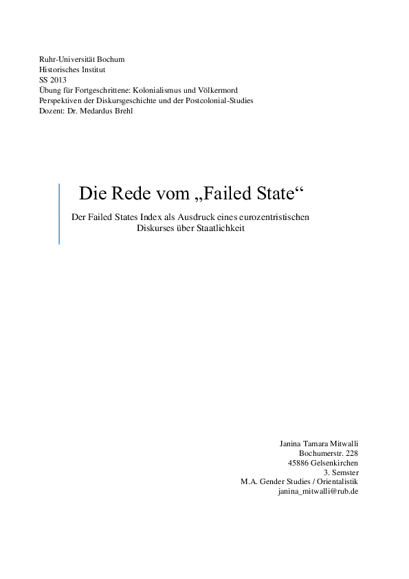 Die Rede vom "Failed State". Der Failed State Index als Ausdruck eines ...