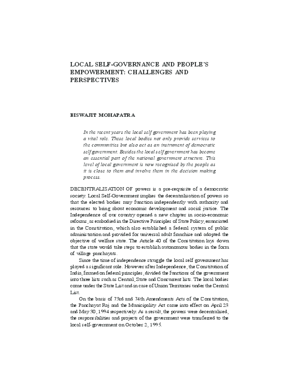 (PDF) Local Self Governance and People’s Empowerment - Challenges and ...