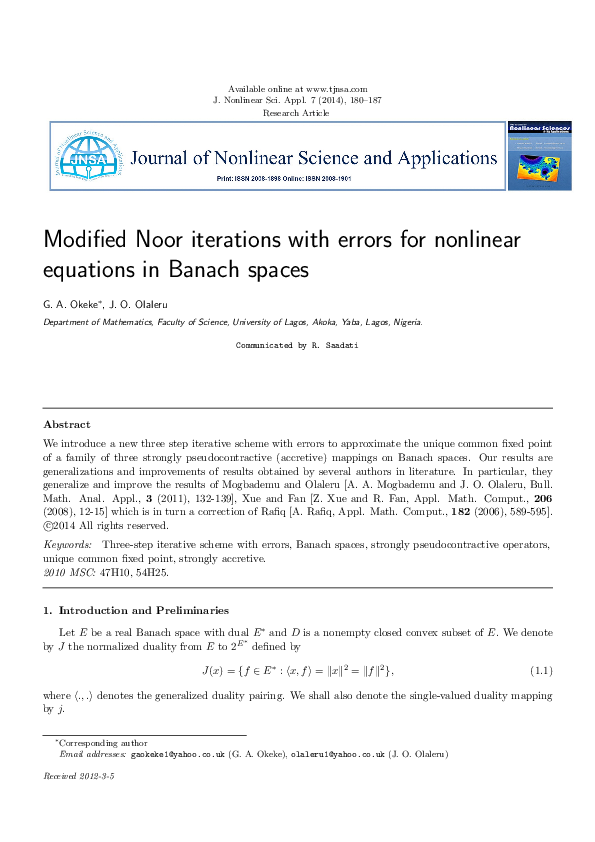 (PDF) Modified Noor iterations with errors for nonlinear equations in Banach spaces