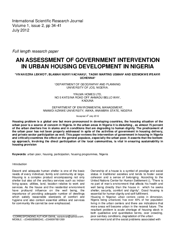 (PDF) AN ASSESSMENT OF GOVERNMENT INTERVENTION IN URBAN HOUSING ...