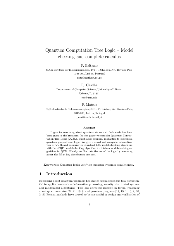 Pdf Quantum Computation Tree Logic Model Checking And Complete