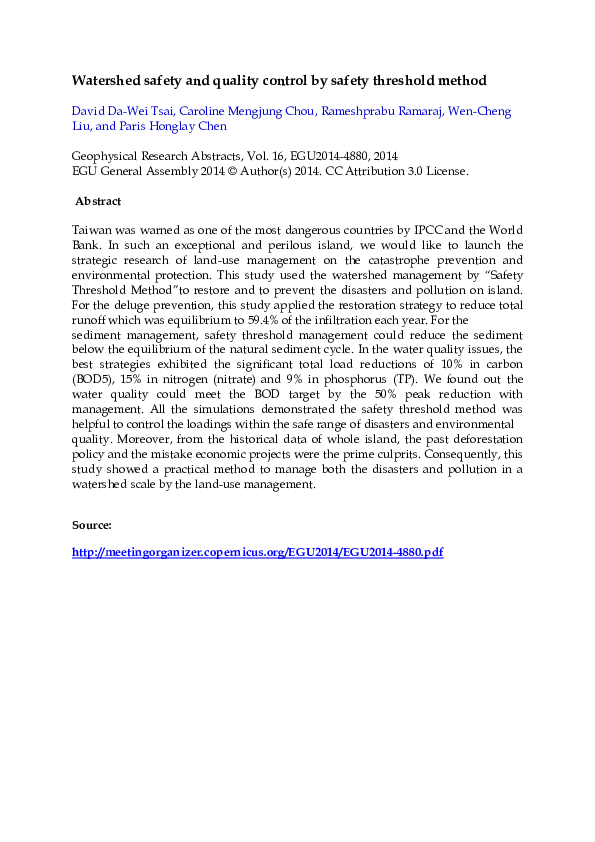 Watershed safety and quality control by safety threshold method