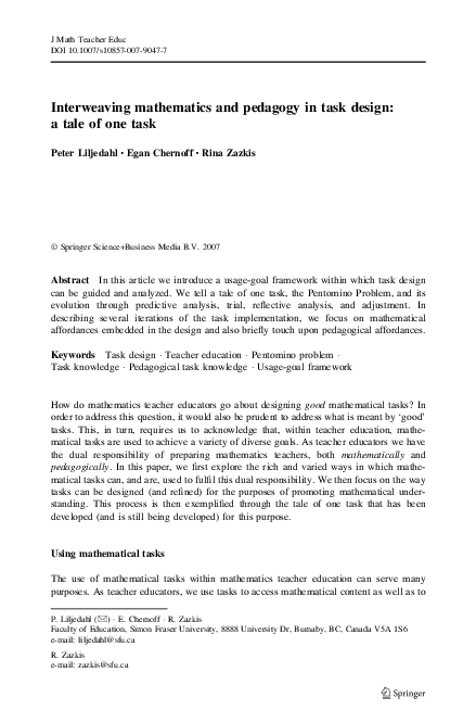 (PDF) Interweaving mathematics and pedagogy in task design: a tale of ...