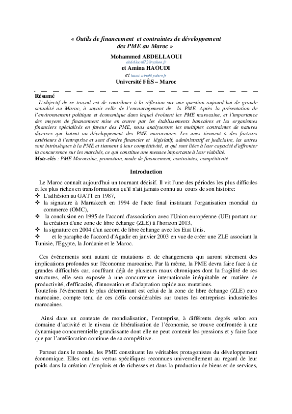 (PDF) Outils de financement et contraintes de développement des PME au ...