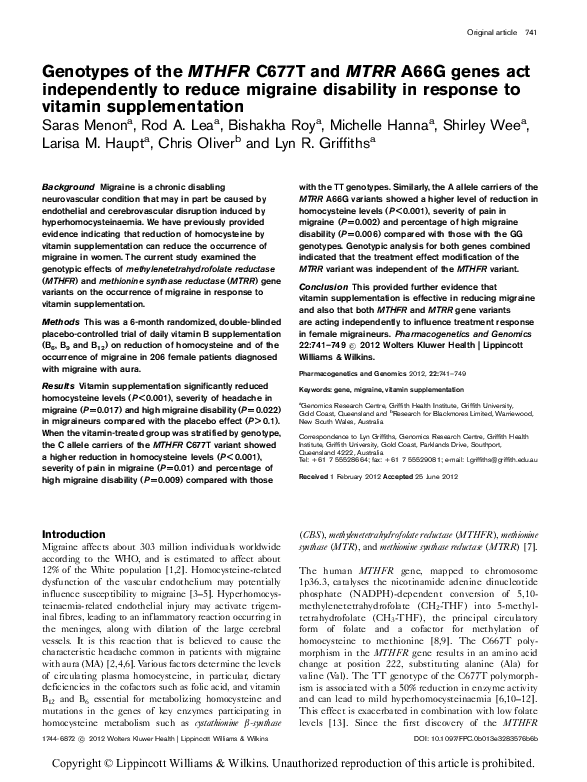 (PDF) Analysis of the MTHFR C677T variant with migraine phenotypes ...