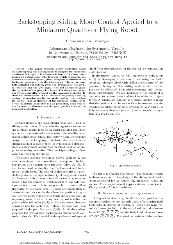 (PDF) Backstepping Sliding Mode Control Applied to a Miniature Quadrotor Flying Robot