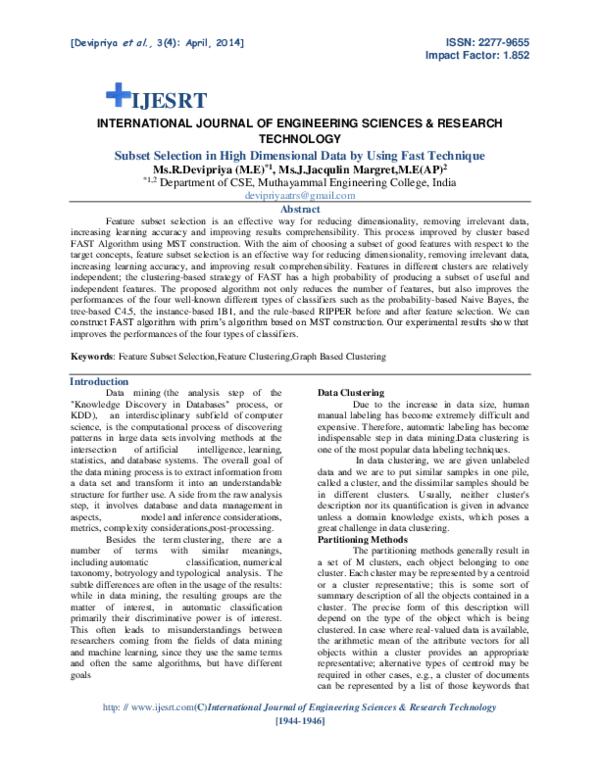 Pdf Subset Selection In High Dimensional Data By Using Fast Technique Ijesrt Journal