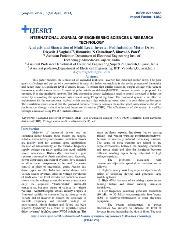 Pdf Analysis And Simulation Of Multi Level Inverter Fed Induction Motor Drive Ijesrt
